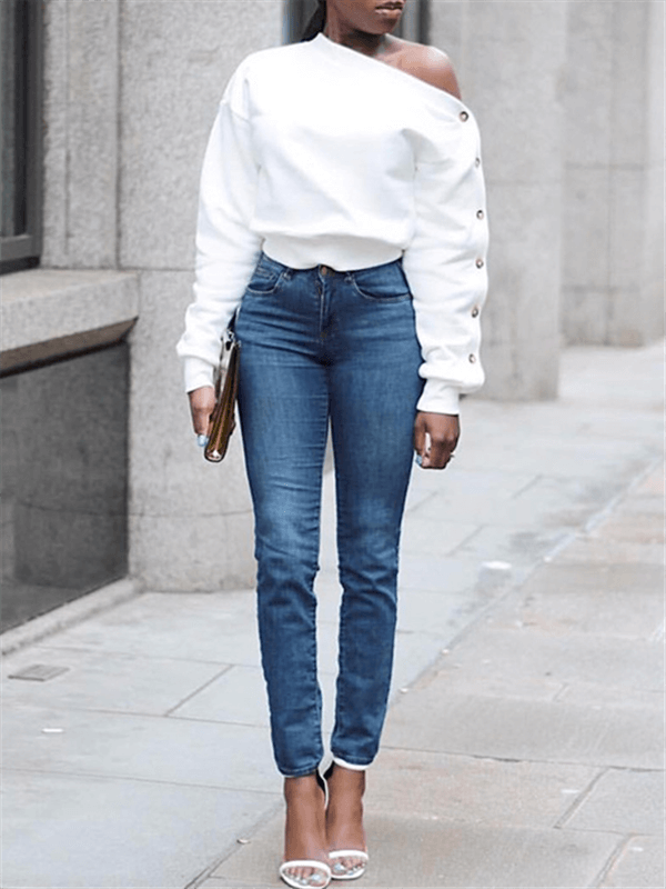 Queenfy One Shoulder Button Sleeve Top