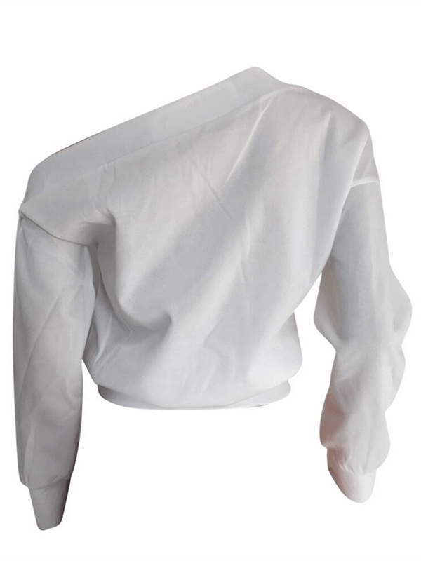 Queenfy One Shoulder Button Sleeve Top