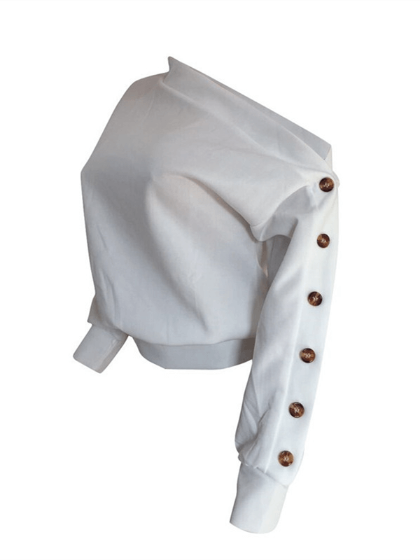 Queenfy One Shoulder Button Sleeve Top